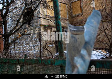 Boyarka, Ukraine. 29th Mar, 2022. A home and a fence damaged by a ...