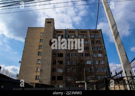 A damaged apartment building in Boyarka. Russian forces continue their ...