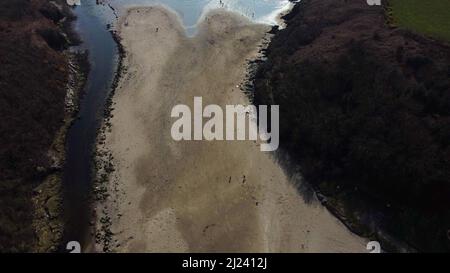 aerial drone flight over Stradbally Cove, Atlantic Ocean beach on the ...