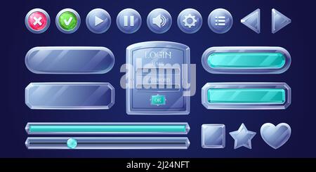 Glass game buttons, ui or ux menu panel design elements, progress bars, settings, login and ...