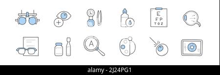 Ophthalmology hand drawn set. Contact lens, eyeball, glasses, phoropter ...