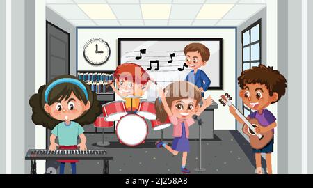 Cartoon music classroom interior with furniture and instruments. Vector ...