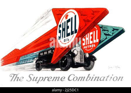 Vintage Shell oil advertisement, art deco poster by Rene Vincent, 1926 ...