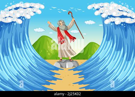 Moses cartoon character with red sea background illustration Stock ...