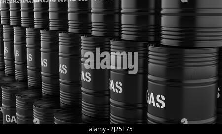 Gas fuel barrels arranged in array stacked bluea gainst each other ...