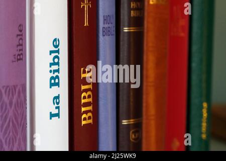Christian bibles of different versions on a bookshelf. Religious symbol ...