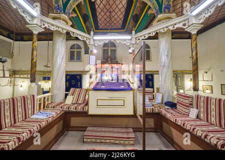 The centrally placed square bima at the Bikur Holim Jewish synagogue ...