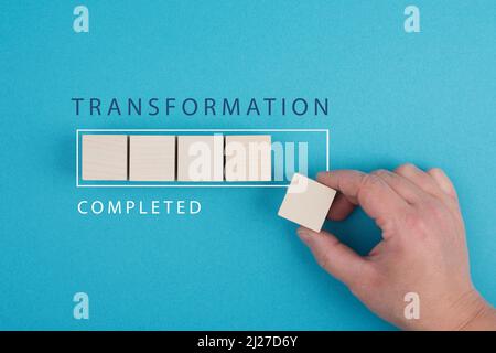 Progress bar with the words transformation completed, upgrade and ...