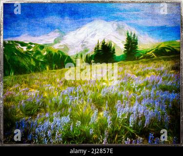 Mount Rainier National Park in Washington State Monoline Line Art ...