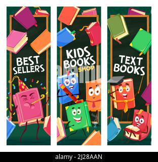 Kids books, textbooks and bestsellers, cartoon characters, vector ...