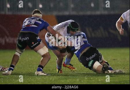 Bath Rugby's Ethan Staddon (centre) is tackled Exeter Chief's Jack ...