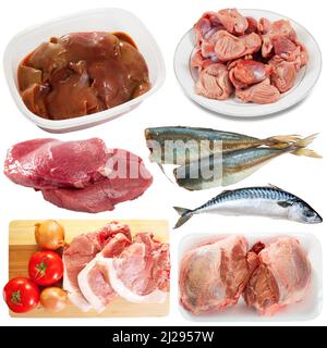 Raw meat, poultry fish isolated on white background, nobody Stock Photo ...