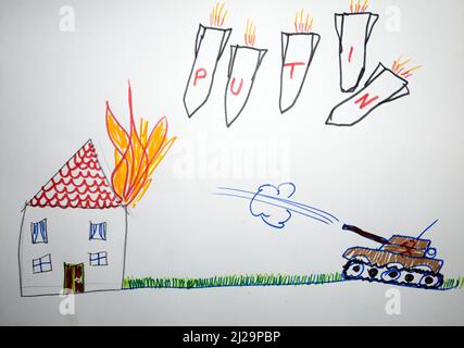 Children's drawing of war Stock Photo - Alamy