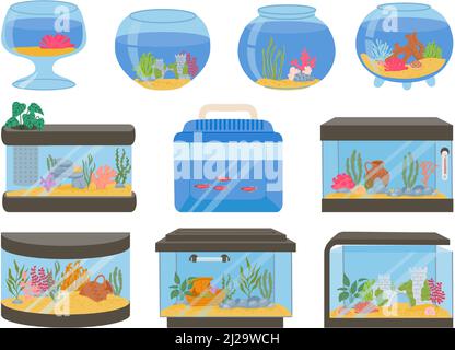 Cartoon aquariums with underwater fish, algae and corals. Aquarium ...