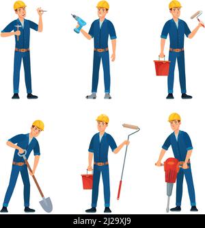 Cartoon illustration of a handyman - Painter standing by a paint bucket ...