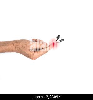Pain in fingertip of Asian old man. Concept of cellulitis and finger ...