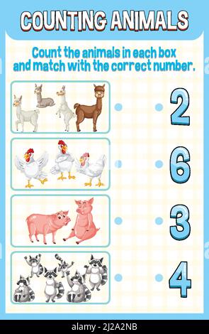 Match by count with different types of animals illustration Stock ...