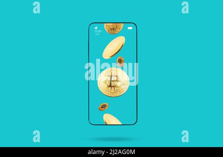 Close up of cell phone with bitcoins in screen and gray background ...