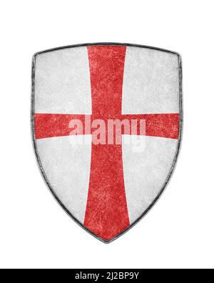 Old metal crusaders shield with red cross isolated on white background ...