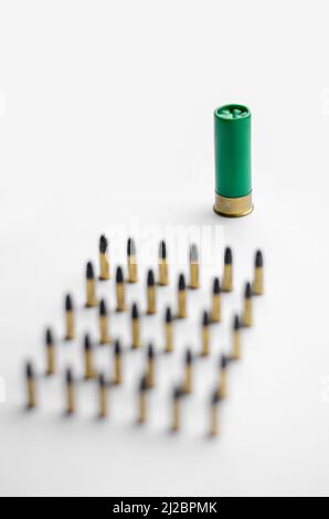 bullets near blurred shotgun cartridge on white background Stock Photo ...