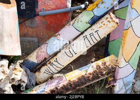 Rusty pipes with the words "WAY OF ART" in Willemstad, Curacao Stock ...