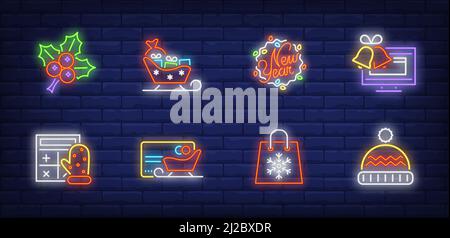 Christmas gifts in sleigh neon sign. Bag, sack, fir tree. Vector ...