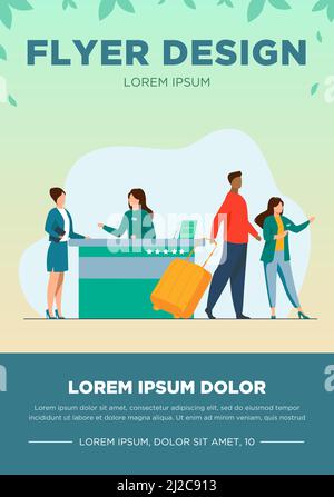 People queue at hotel reception, receptionist character stand behind of ...