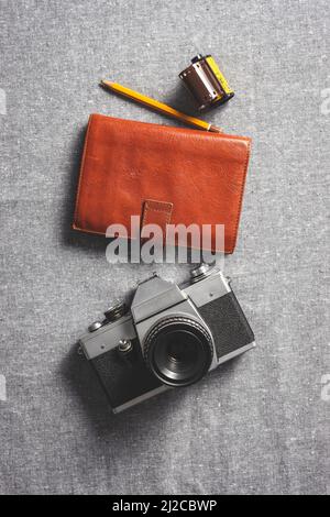 Top View of Vintage photo camera and other old retro photography ...