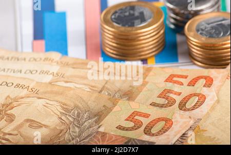 Finance concept. Brazilian money banknotes and coins Stock Photo - Alamy