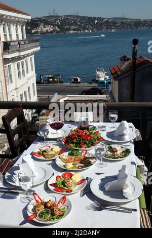 Turkish sea foods and Turkish appetizer foods on the restaurant table ...