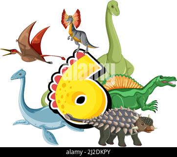 Six dinosaurs with number six cartoon illustration Stock Vector Image ...