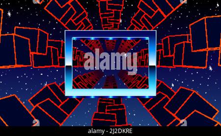 Synthwave frame with chrome rectangle and 80s styled synthwave arcade ...