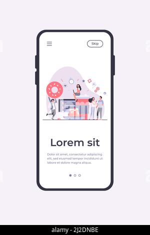 People enjoying coffee break. Young men and women using digital devices ...