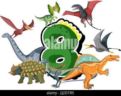 Eight dinosaurs with number eight cartoon illustration Stock Vector ...