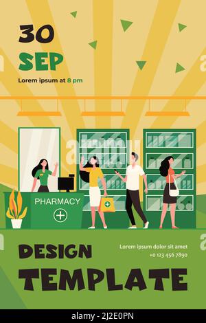 Customers and pharmacist in pharmacy store. People buying medication in ...