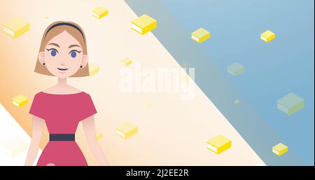 Image of woman talking over book icons Stock Photo - Alamy