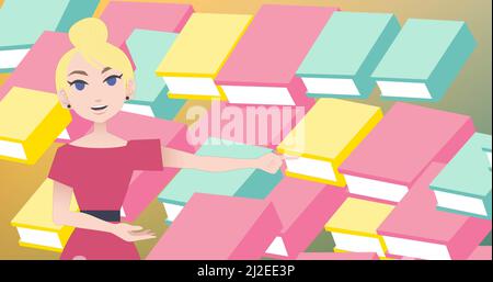 Image of woman talking over book icons Stock Photo - Alamy