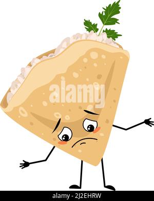 Pancake character with sad emotions, face and mask keep distance, hands ...