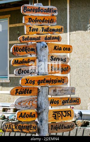 Curious rustic wooden home-made greeting, friendly, colourful Welcome ...