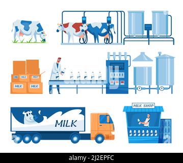 Milk production steps set. Dairy process chain, processing line in ...