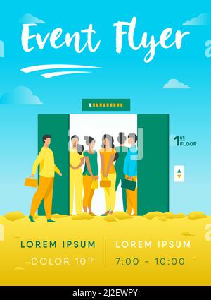 People crowd in elevator. Cartoon characters in office mall or hotel ...