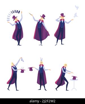 Cartoon magician set. Circus showman wearing top hat and cape, conjurer ...