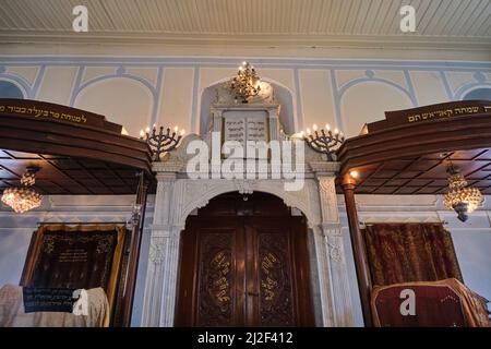 Detail of the bima and ark area, including ten commandments carving. At ...