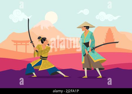 Two cartoon samurai characters fighting each other with swords Stock ...