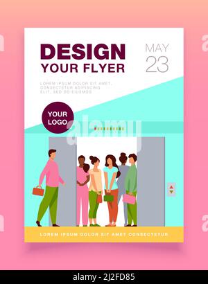 People crowd in elevator. Cartoon characters in office mall or hotel ...