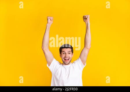 Photo of hooray young brunet man index up wear trend cloth isolated on ...