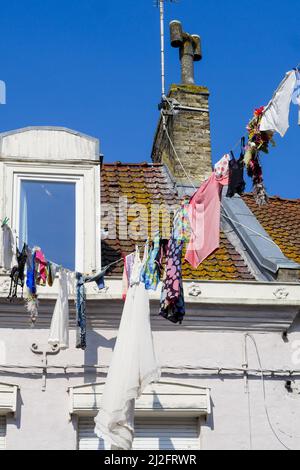 Clothes hanging in the street, a carnival tradition, Bergues, Nord ...
