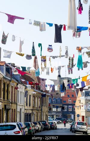 Clothes hanging in the street, a carnival tradition, Bergues, Nord ...
