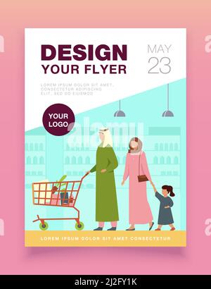 Muslim family shopping. Saudi people with kid holding trolley at ...