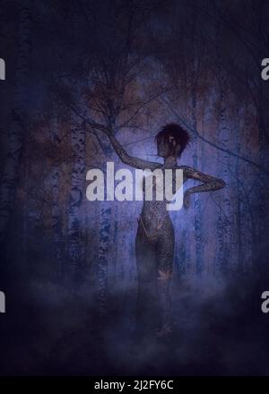 Fantasy dryad woman with tree trunk leg in autumn forest, 3d ...